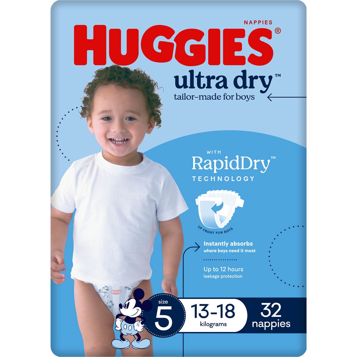 Huggies Ultra Dry Nappies Boys Size 5 (13-18kg) 32 Pack | Woolworths