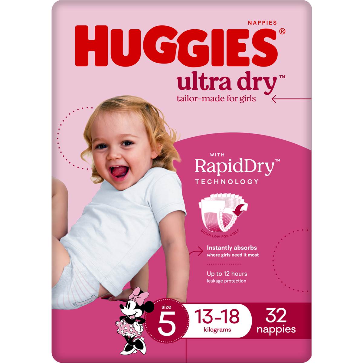 Huggies Ultra Dry Nappies Girls Size 5 (13-18kg) 32 Pack | Woolworths