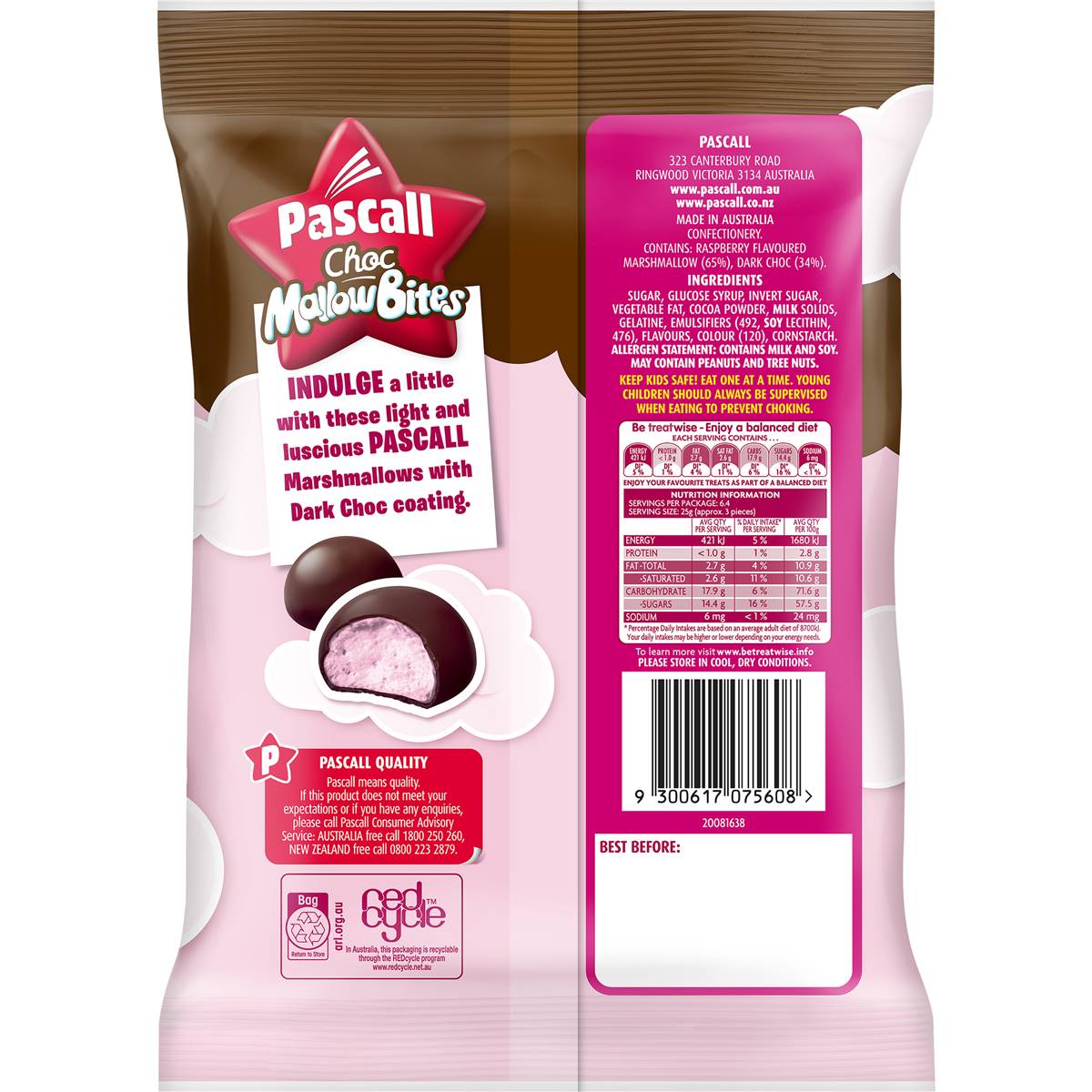 Pascall Choc Mallows Bites Raspberry 160g | Woolworths