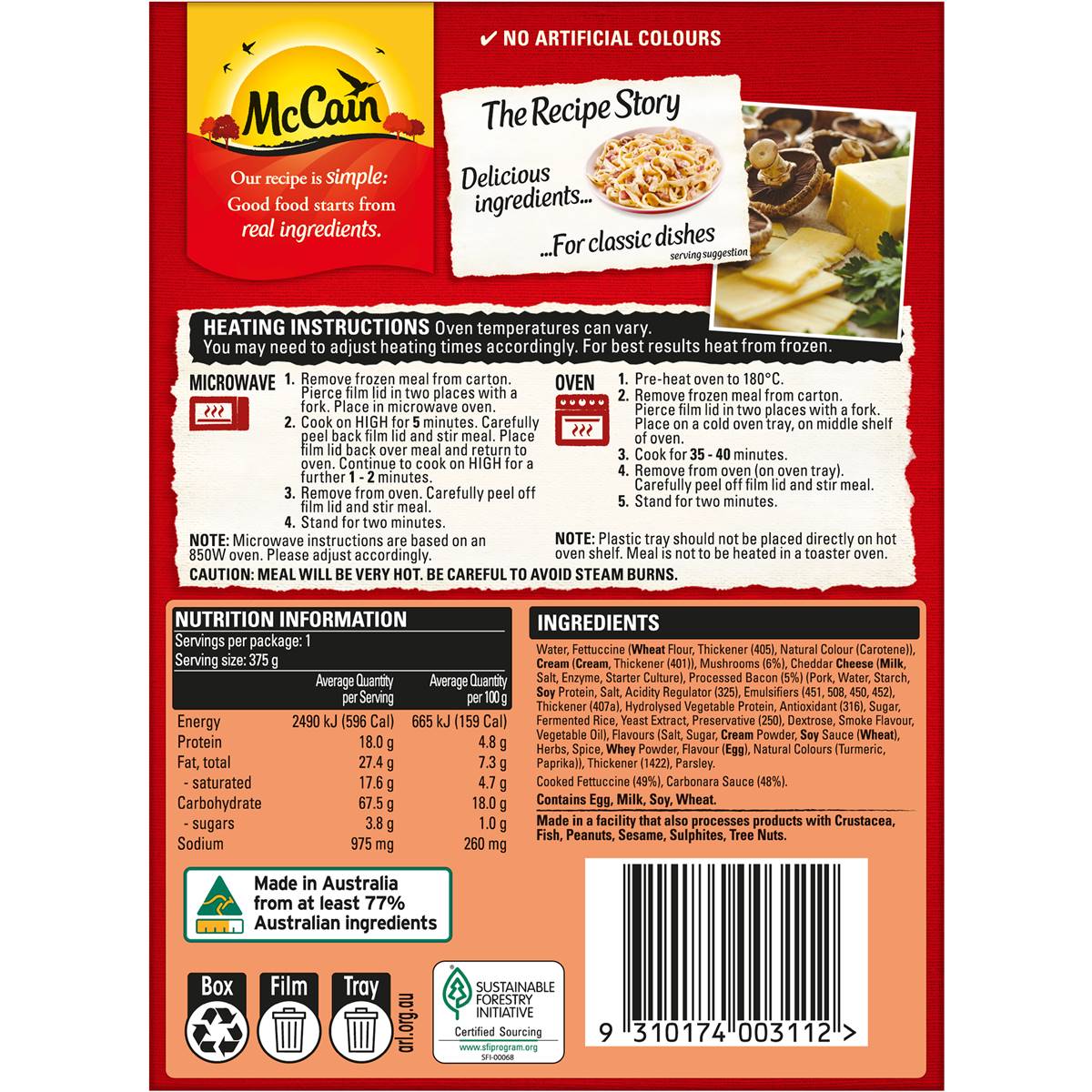 Mccain Fettuccine Carbonara Frozen Meal 375g | Woolworths