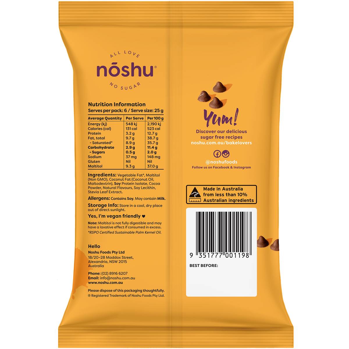 Noshu 98% Sugar Free Choc Baking Chips 150g | Woolworths