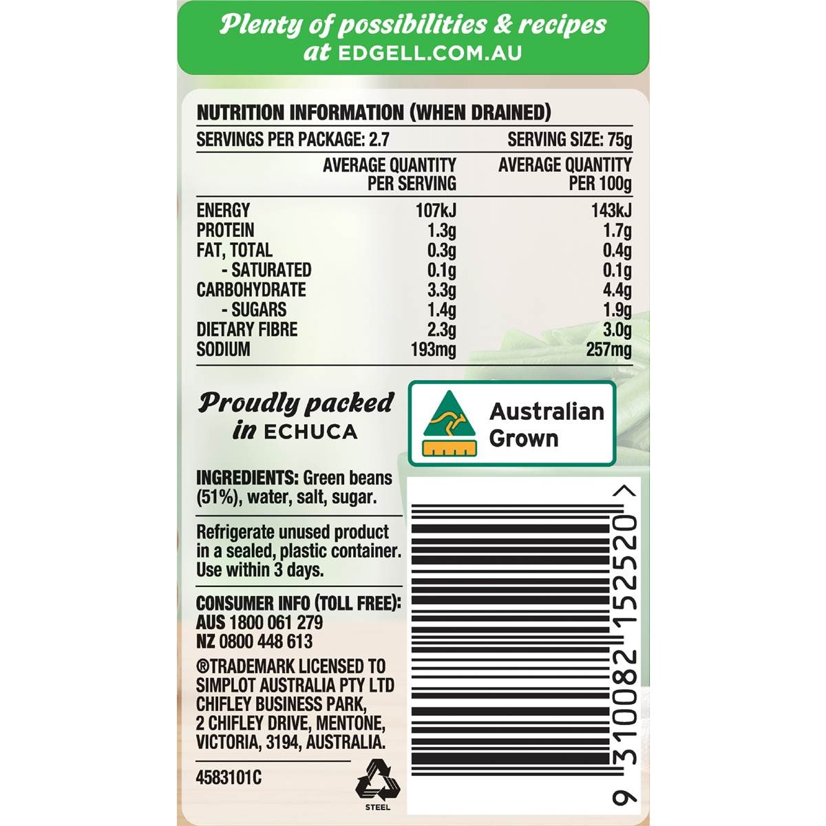 Edgell Australian Grown Sliced Green Beans 410g | Woolworths
