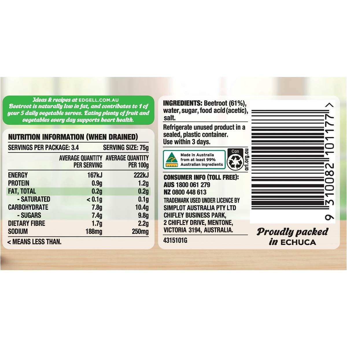 Edgell Australian Sliced Beetroot 425g | Woolworths