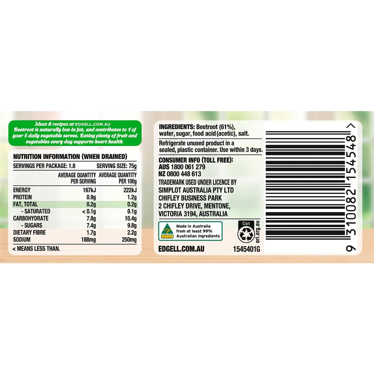 Edgell Australian Sliced Beetroot 225g | Woolworths