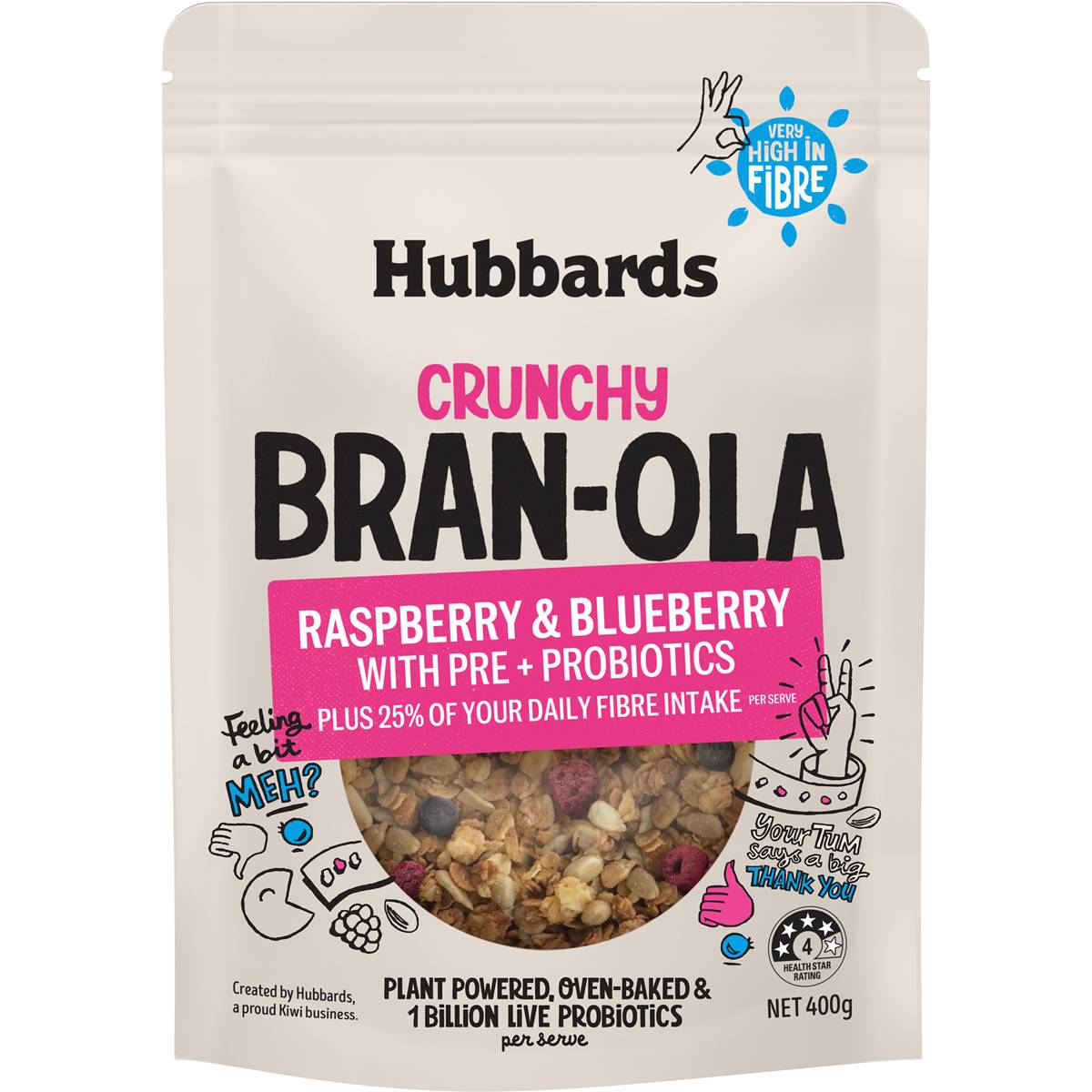Hubbards Crunchy Bran-ola Raspberry & Blueberry 400g | Woolworths