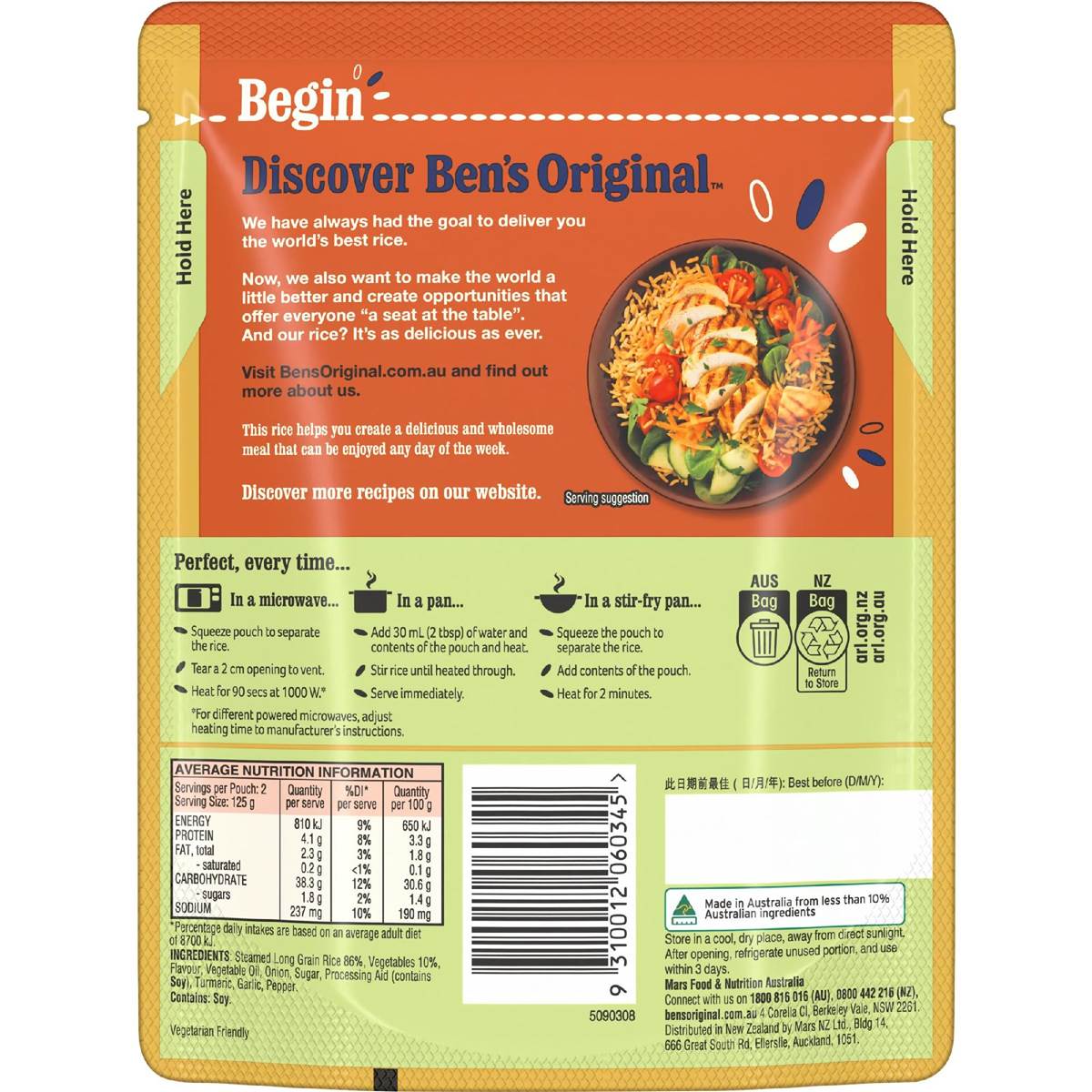 Ben's Original Golden Vegetable Microwave Rice Pouch 250g | Woolworths