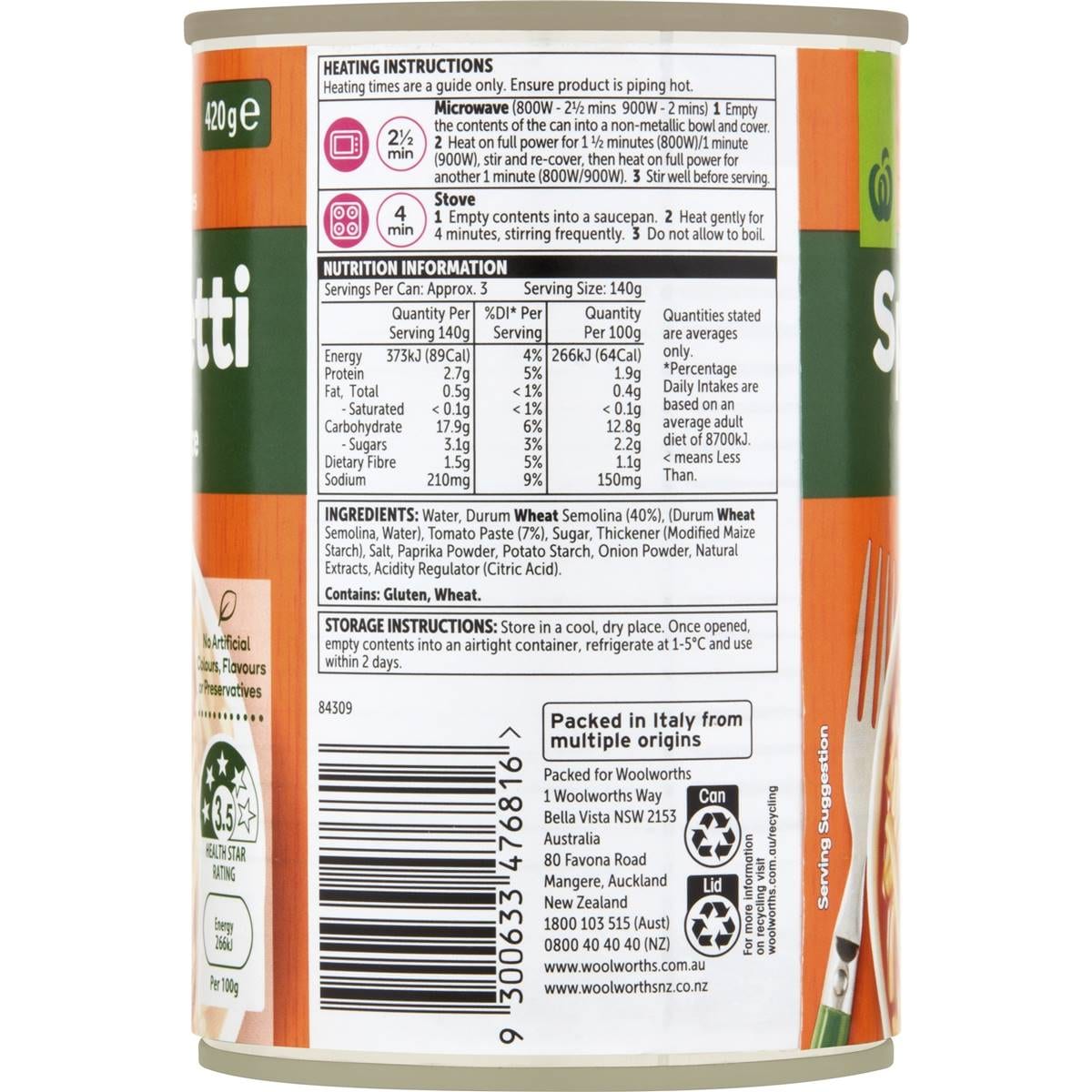 Woolworths Spaghetti In Tomato Sauce 420g | Woolworths