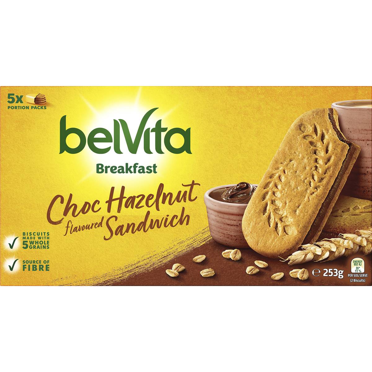 Belvita Choc Hazelnut Sandwich Breakfast Biscuits 5 Pack 253g | Woolworths