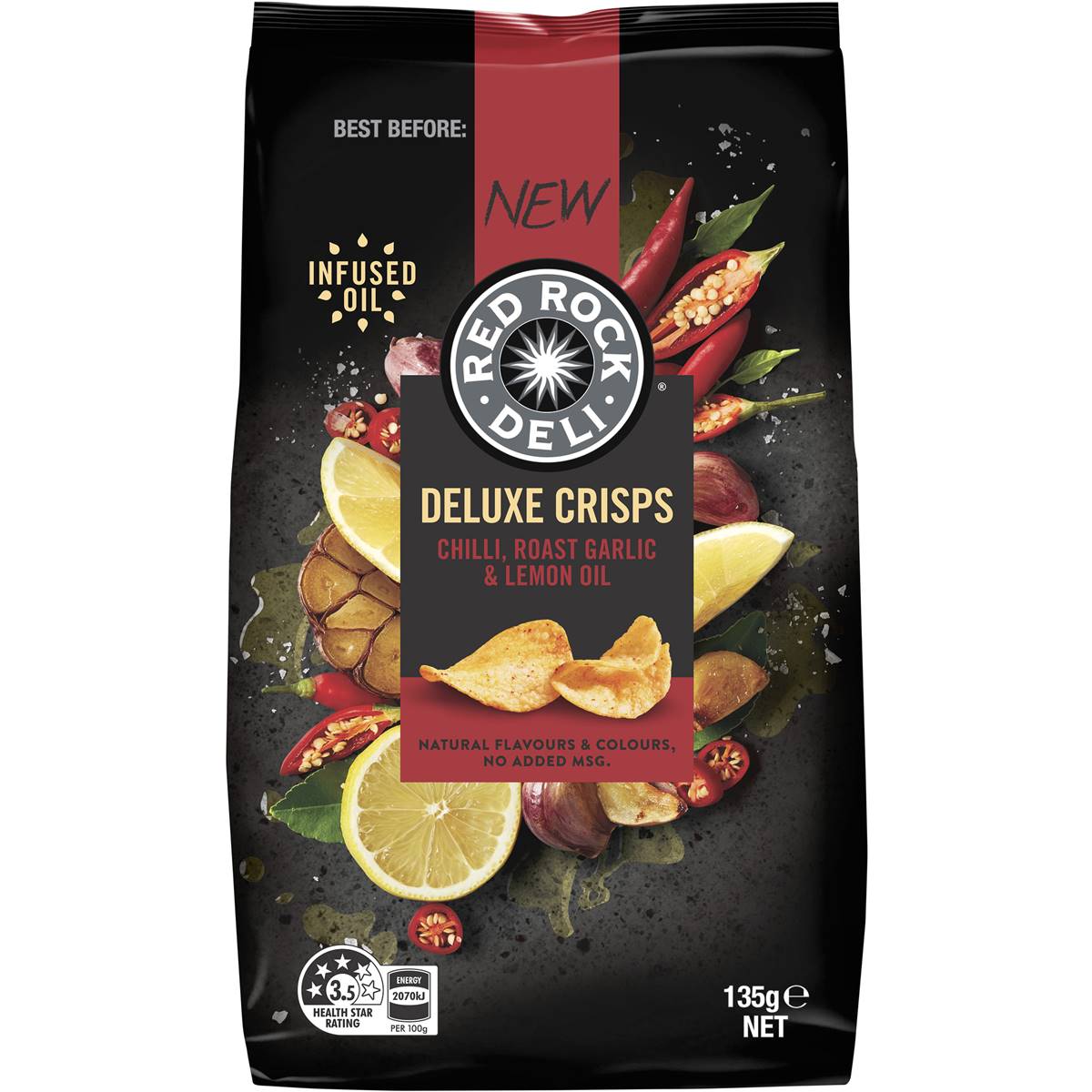 Red Rock Deli Deluxe Crisps Chilli Roast Garlic & Lemon Oil 135g ...