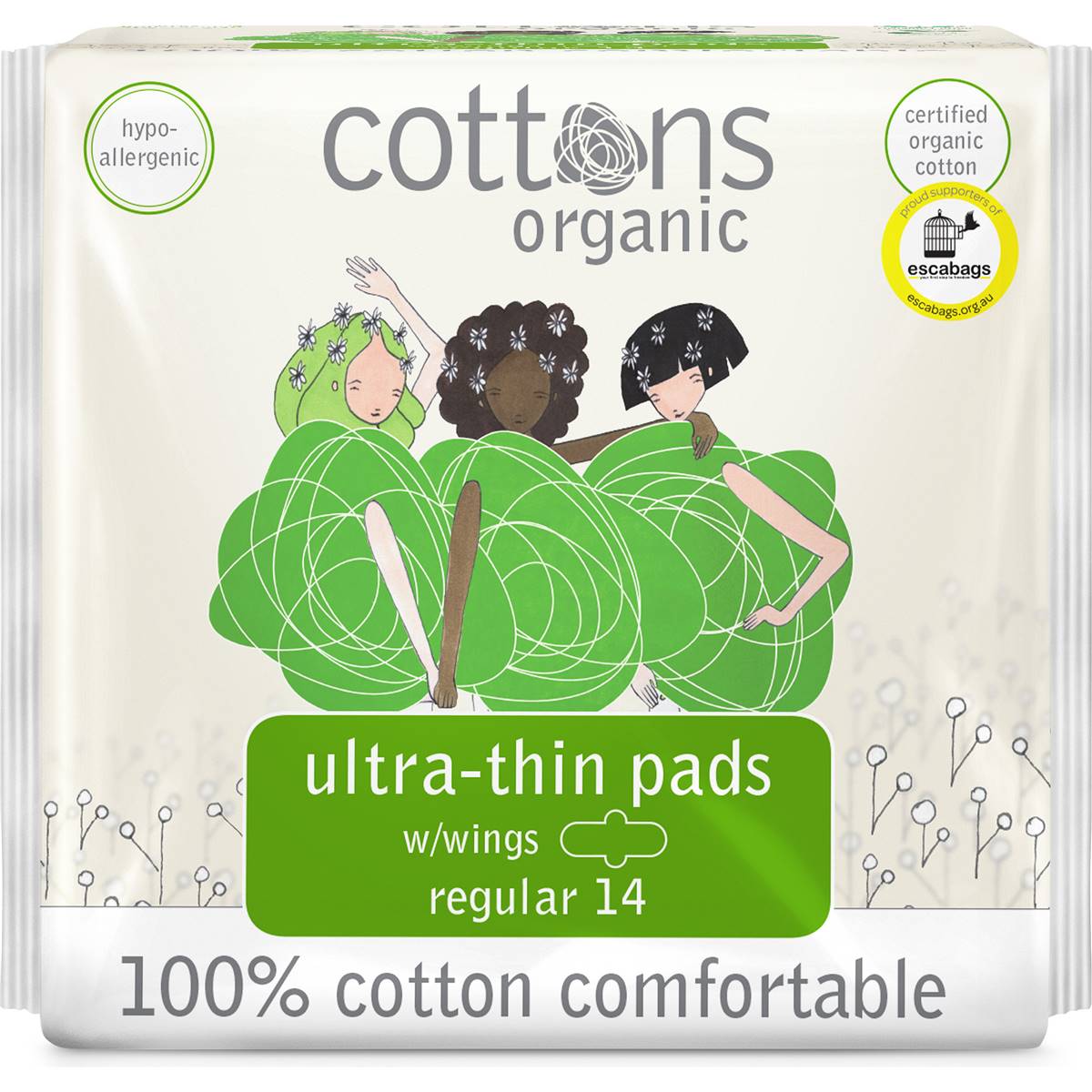 Cottons Organic Ultra Thin Pads Regular With Wings 14 Pack | Woolworths