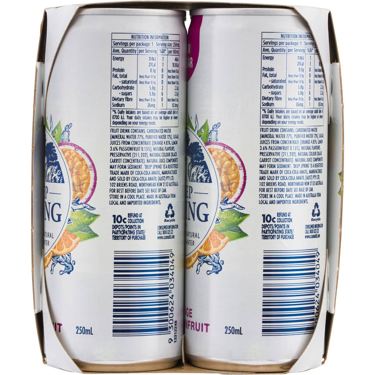 Deep Spring Sparkling Mineral Water Orange & Passionfruit 250ml X4 Pack ...