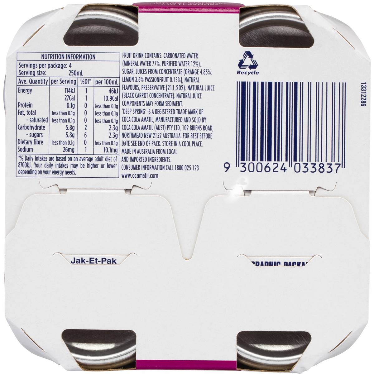 Deep Spring Sparkling Mineral Water Orange & Passionfruit 250ml X4 Pack ...