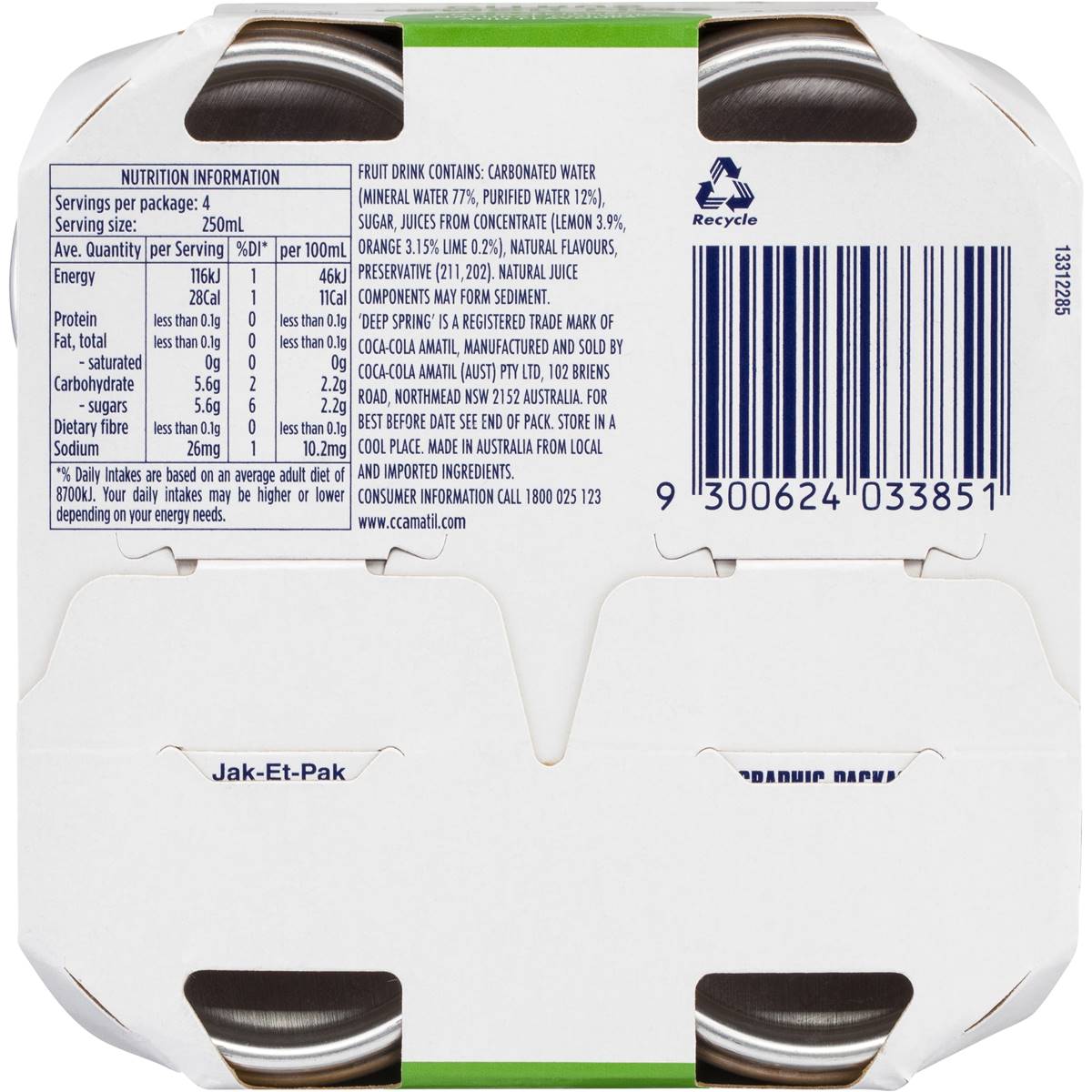 Deep Spring Sparkling Mineral Water Lemon Lime Citrus 250ml X4 Pack ...