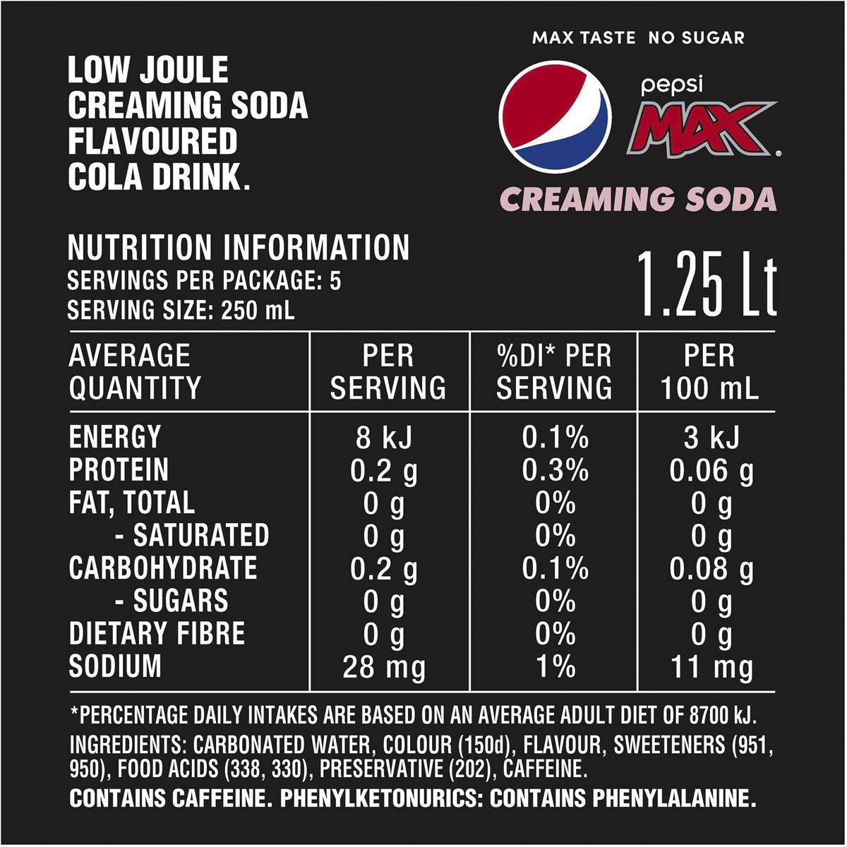 Pepsi Max No Sugar Cola Creaming Soda Soft Drink Bottle 1.25l | Woolworths