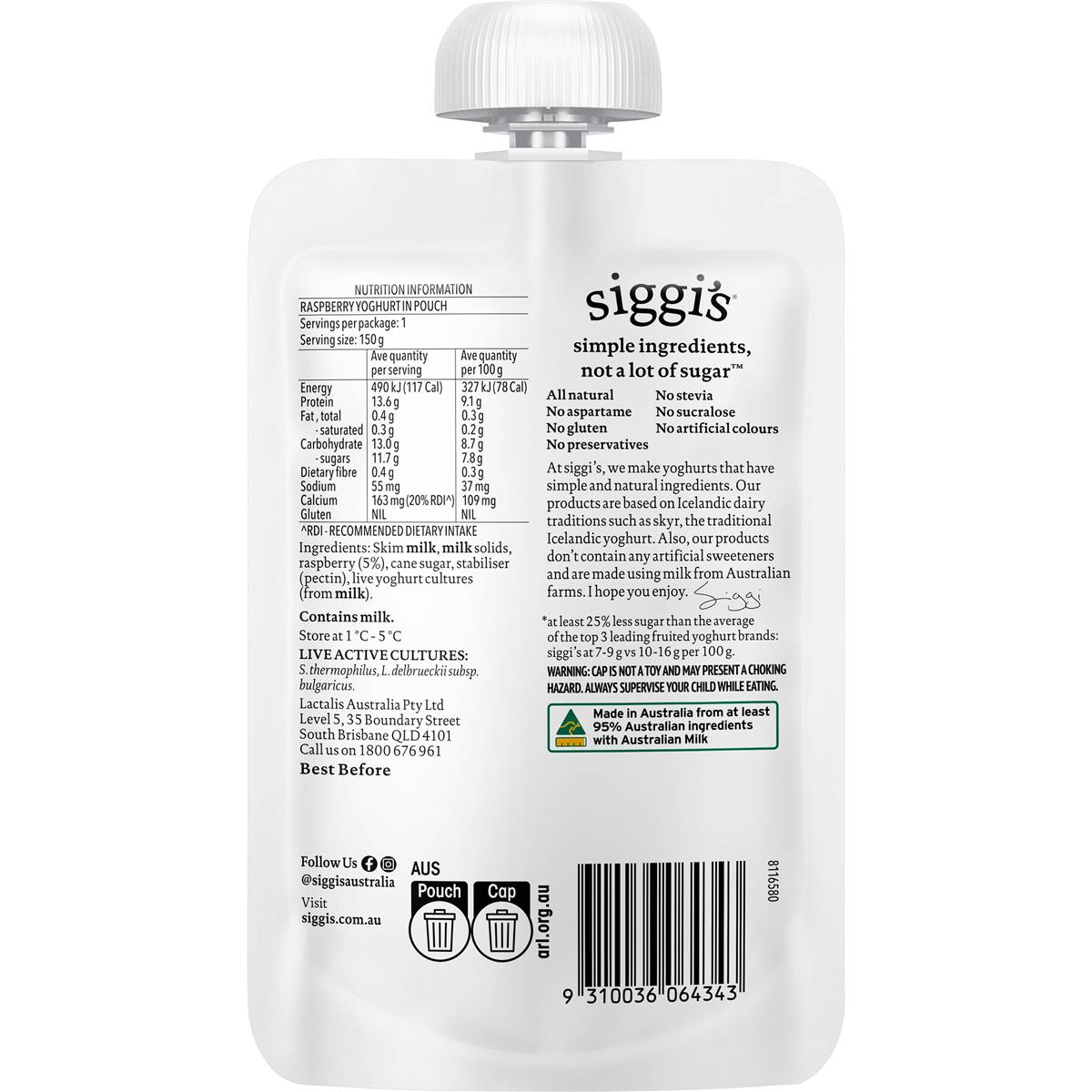 Siggi's Yoghurt Pouch Raspberry 150g | Woolworths