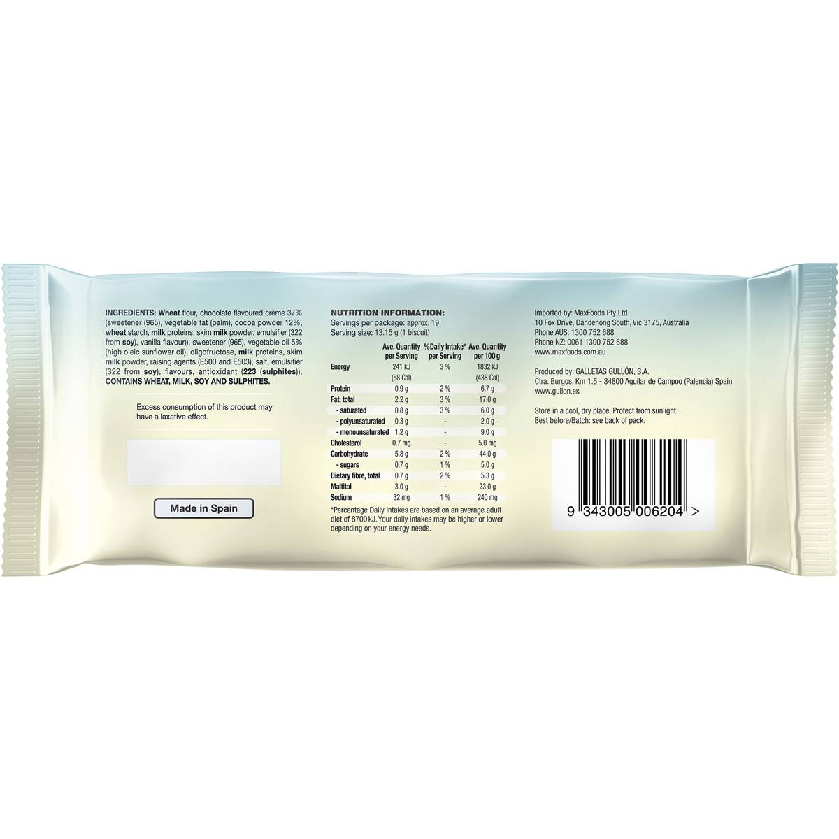 Gullon No Added Sugar Chocolate Cream Biscuit 250g Woolworths