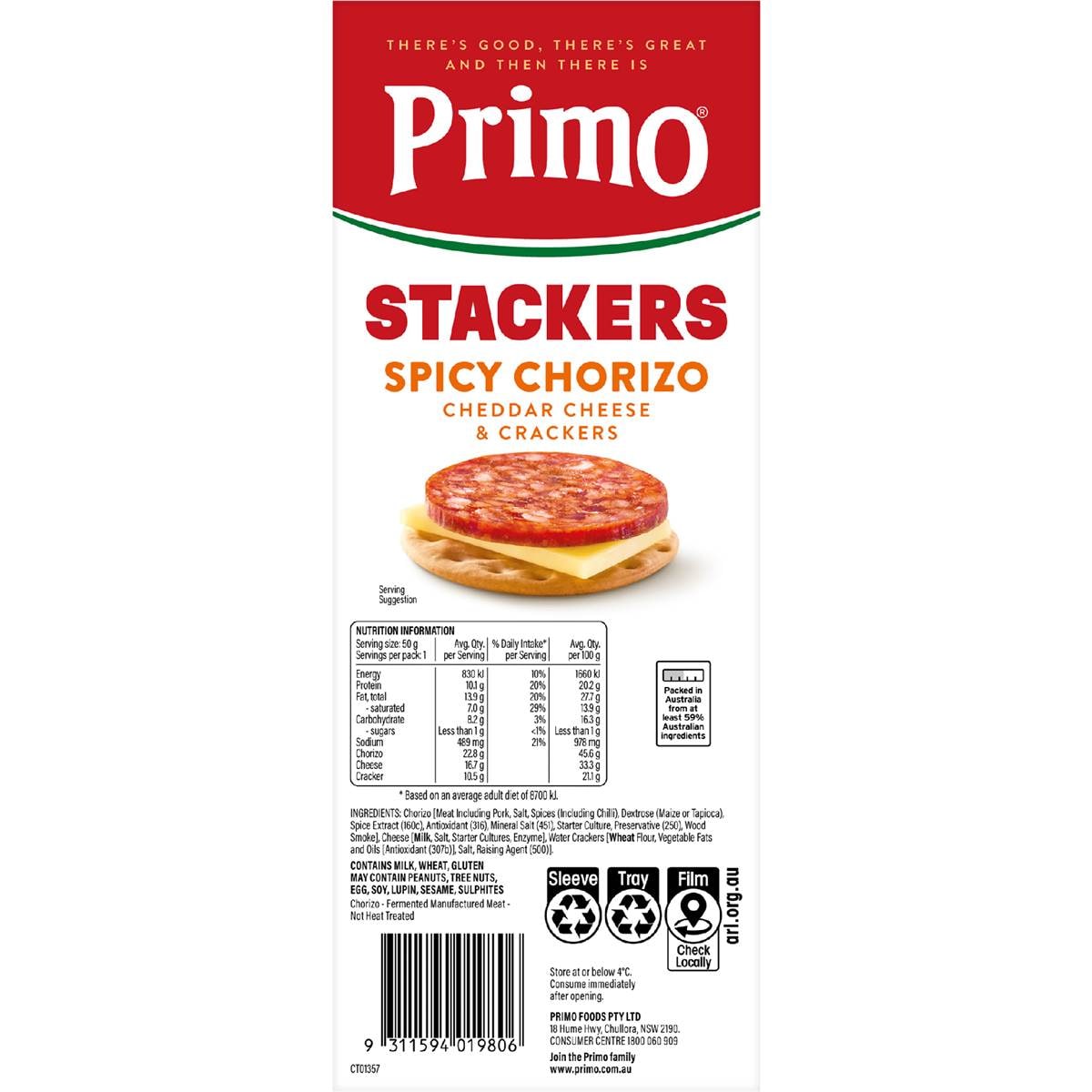Primo Stackers Spicy Chrizo Cheese And Crackers 50g | Woolworths
