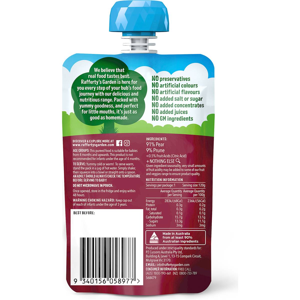 Rafferty's Garden Baby Food Pouch Pear & Prune & Nothing Else 4+ Months ...