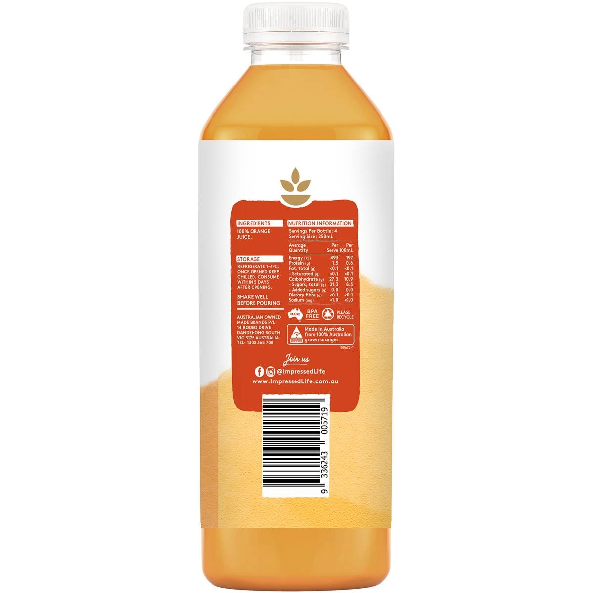 Impressed Pressed Juice Orange With Pulp 1l | Woolworths