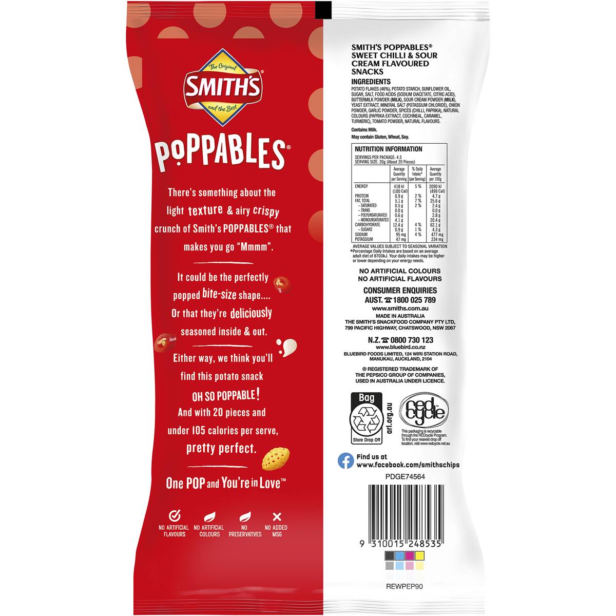 Smith's Poppables Potato Snacks Sweet Chilli & Sour Cream 90g | Woolworths