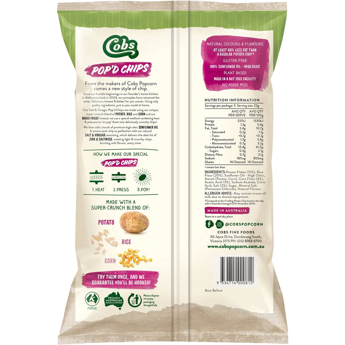 Cobs Pop'd Chips Salt & Vinegar Gluten Free 110g | Woolworths
