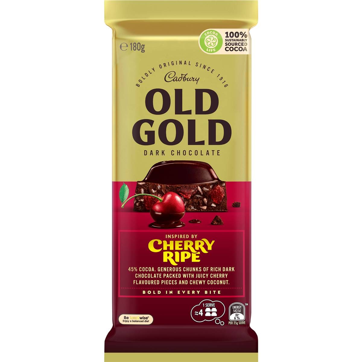 Cadbury Old Gold Cherry Ripe Dark Chocolate Block 180g | Woolworths