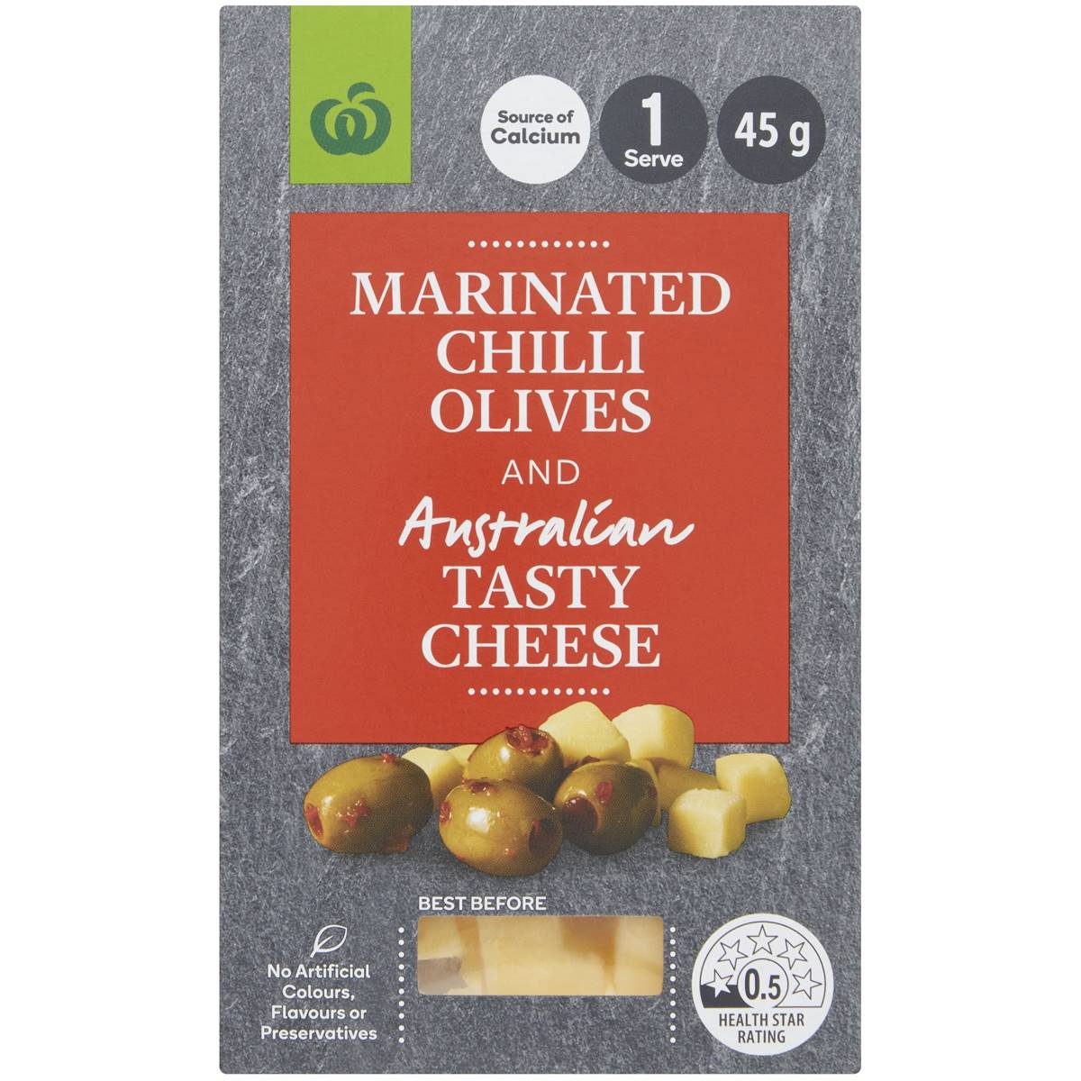 Woolworths Marinated Chilli Olives & Tasty Cheese 45g | Woolworths