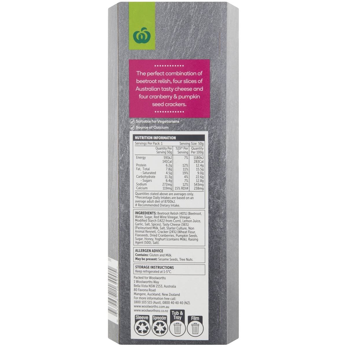 Woolworths Beetroot Relish With Tasty Cheese & Artisan Crackers 50g ...