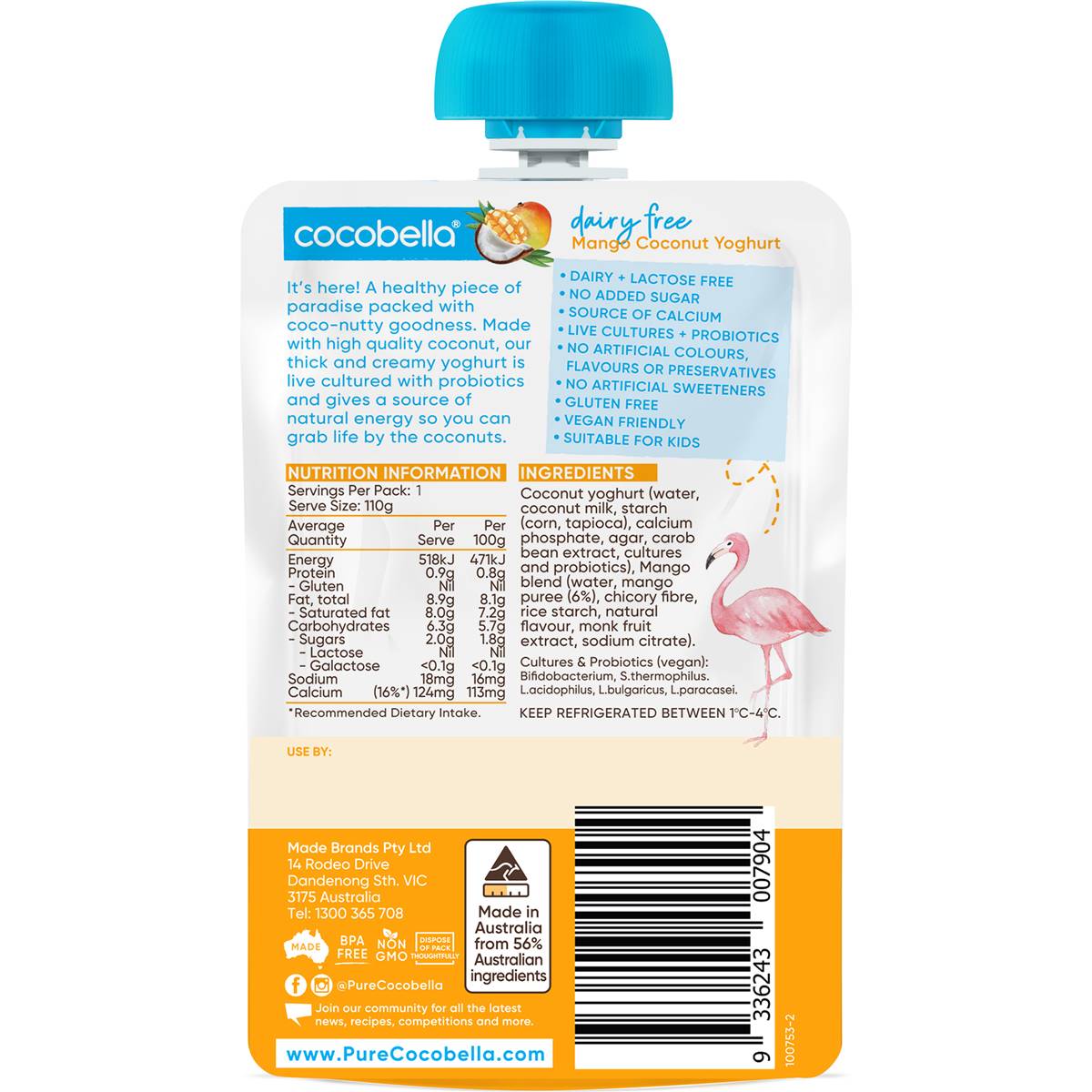 Cocobella Dairy Free Coconut Yoghurt Pouch Mango 110g | Woolworths
