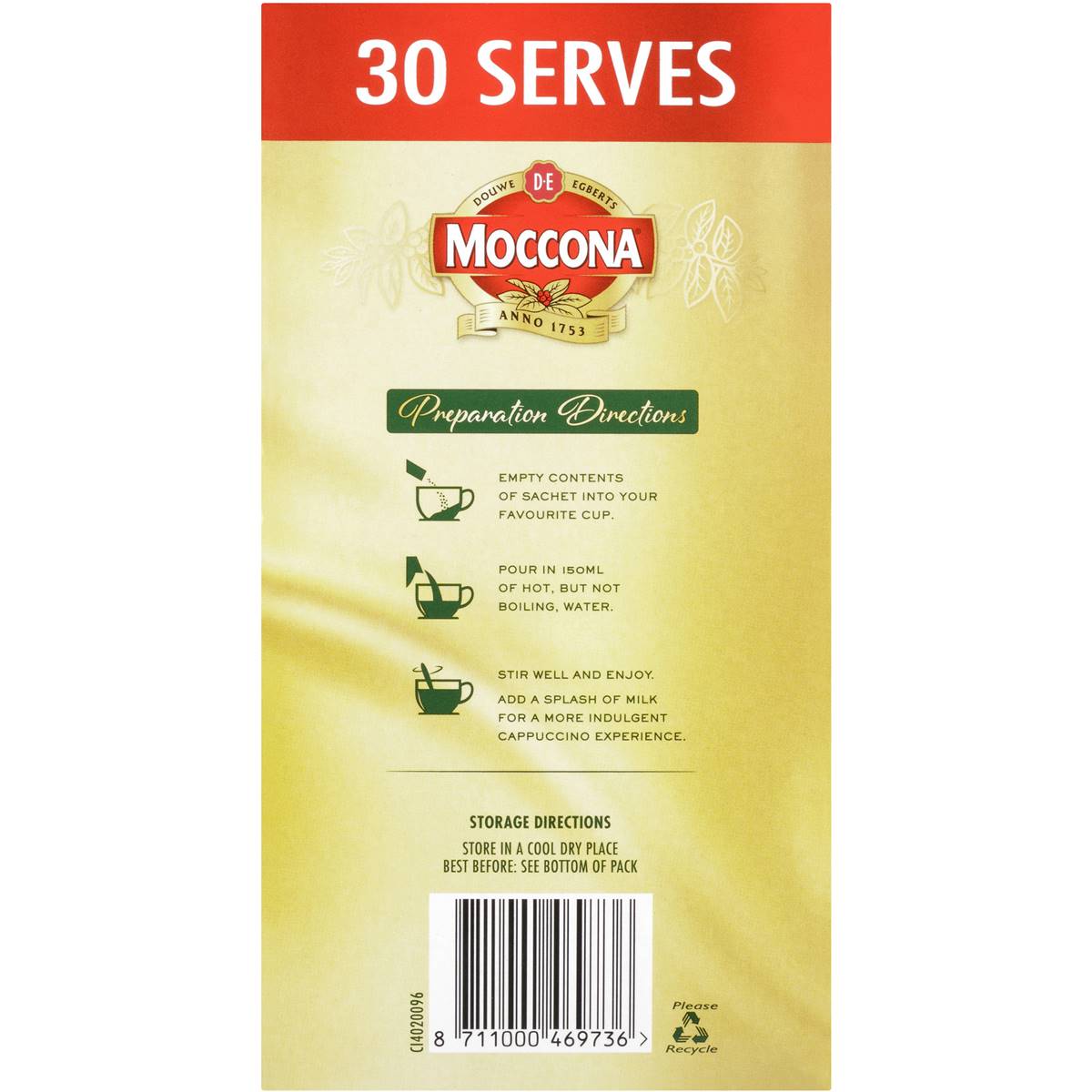 Moccona Strong Cappuccino Sachets 30 Pack | Woolworths