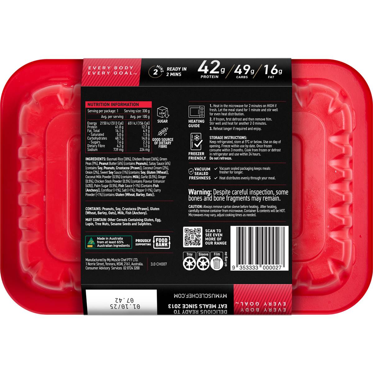 My Muscle Chef Satay Chicken With Basmati Rice & Green Peas 330g ...