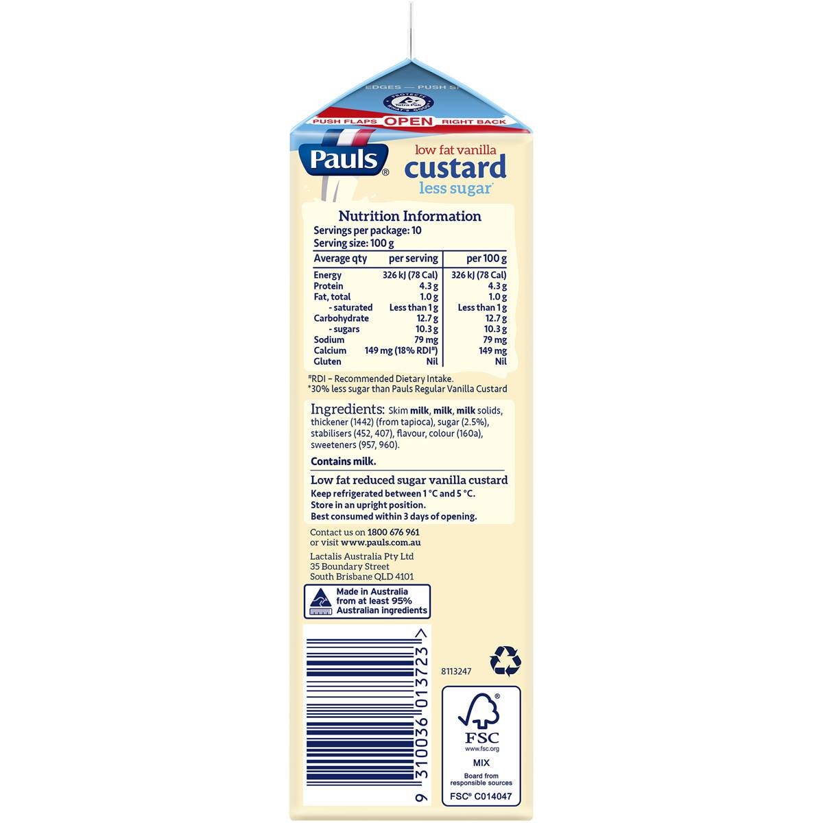 Pauls Custard Low Fat Vanilla Custard Less Sugar 1kg | Woolworths