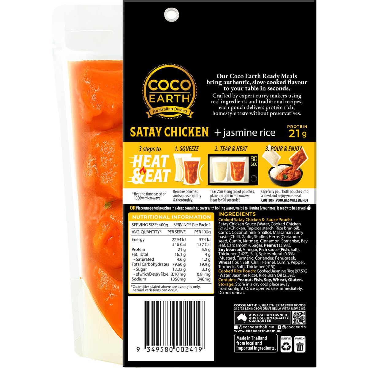 Coco Earth Satay Chicken With Jasmine Rice 400g | Woolworths