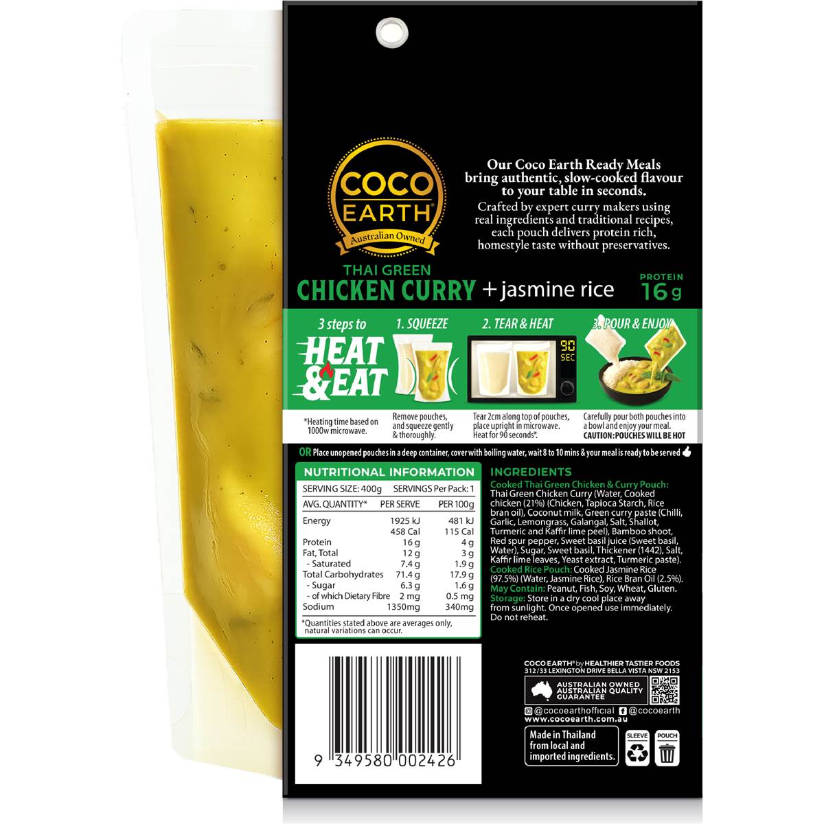 Coco Earth Thai Green Chicken Curry With Jasmine Rice 400g | Woolworths