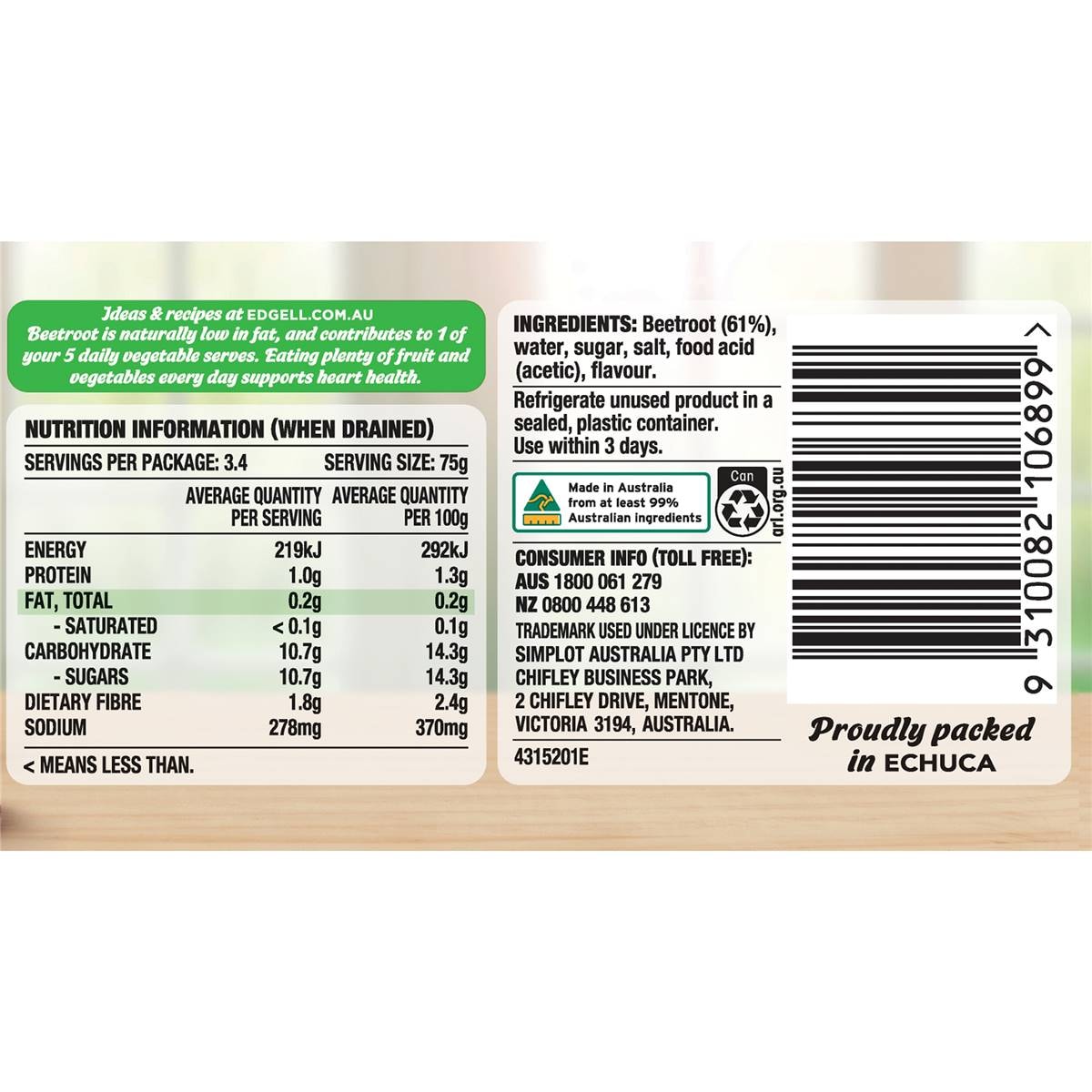 Edgell Australian Sweet Sliced Beetroot 425g | Woolworths