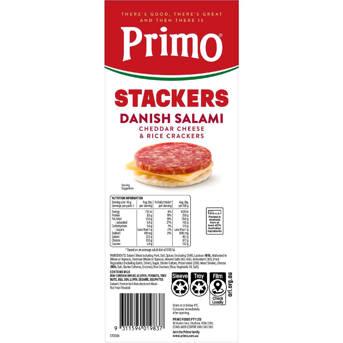Primo Stackers Salami Rice Cheese & Crackers 45g | Woolworths