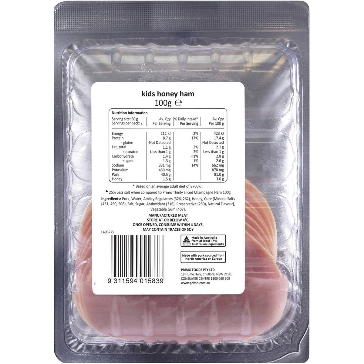 Primo Kids Sliced Honey Ham 100g | Woolworths