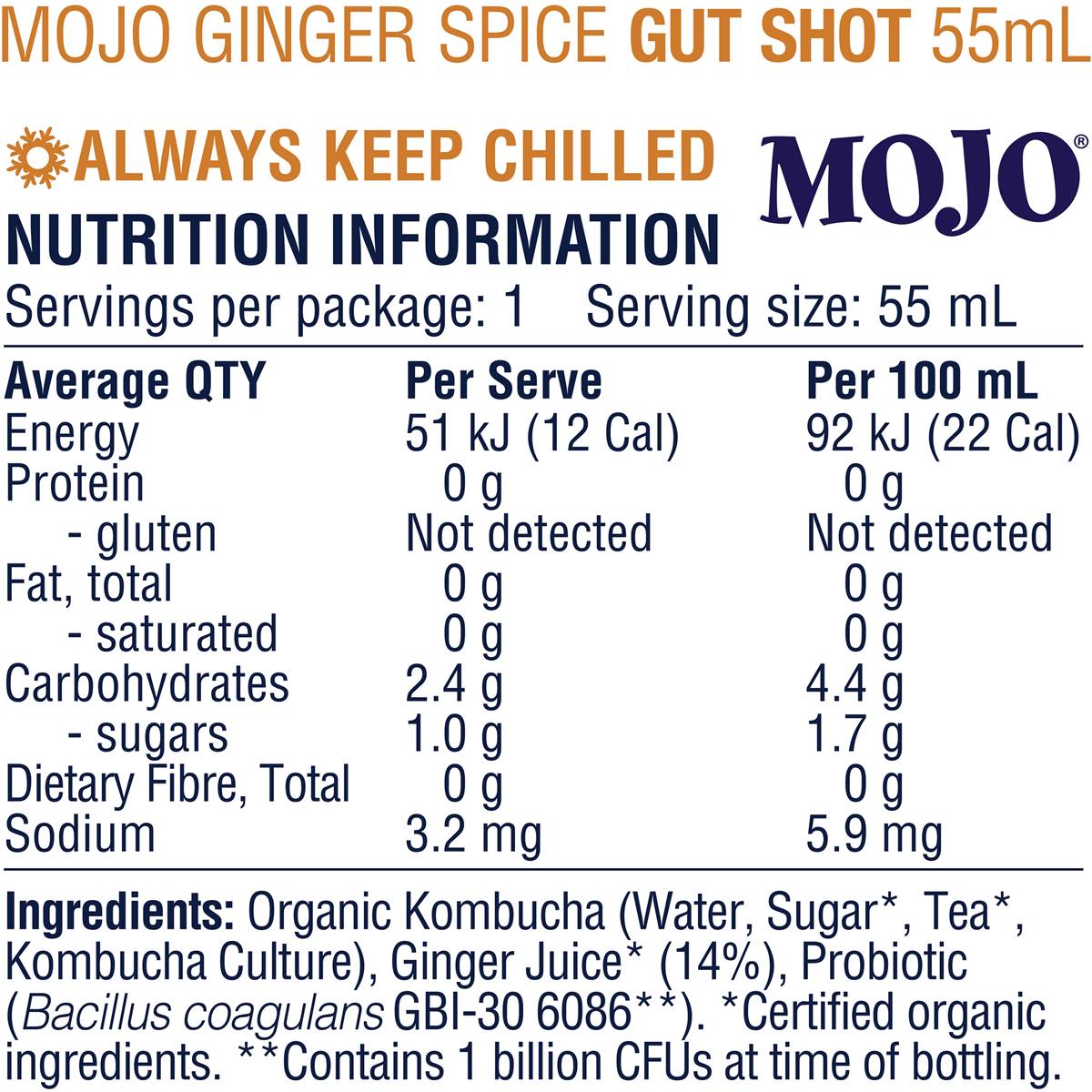 Mojo Kombucha Organic Gut Shot Ginger Spice 55ml | Woolworths