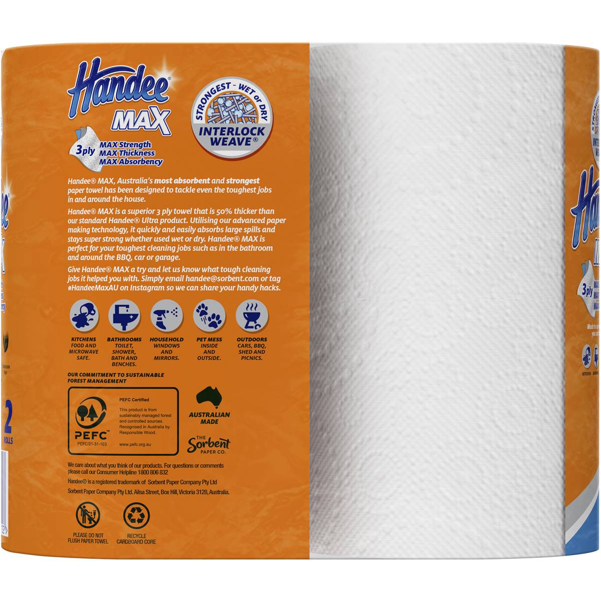 Handee Max Paper Towel White 3 Ply 100 Sheets 2 Pack | Woolworths
