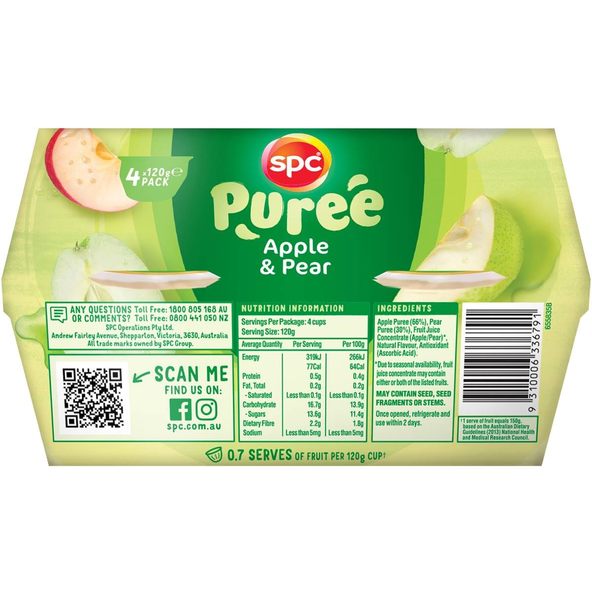 Spc Apple & Pear Puree Cups 4 X 120g | Woolworths