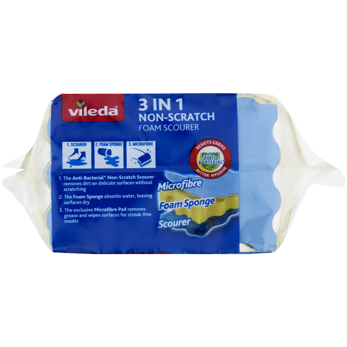 Vileda 3 In 1 Non Scratch Sponge Scourer 3 Pack | Woolworths
