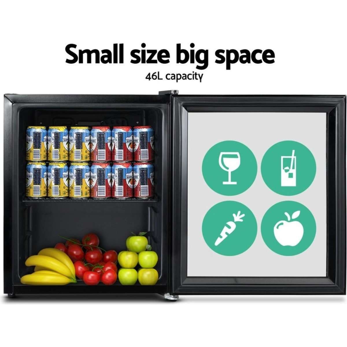Devanti 46L Bar Fridge Glass Door Black Mini Freezer Refrigerator ...
