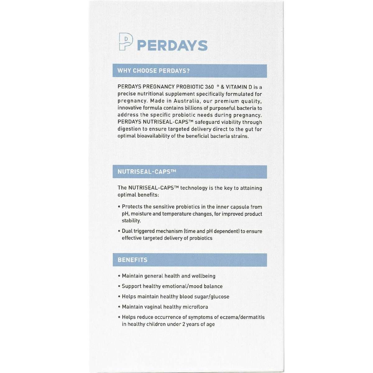 Perdays Pregnancy Probiotic 360 & Vitamin D 30Capsules | Woolworths