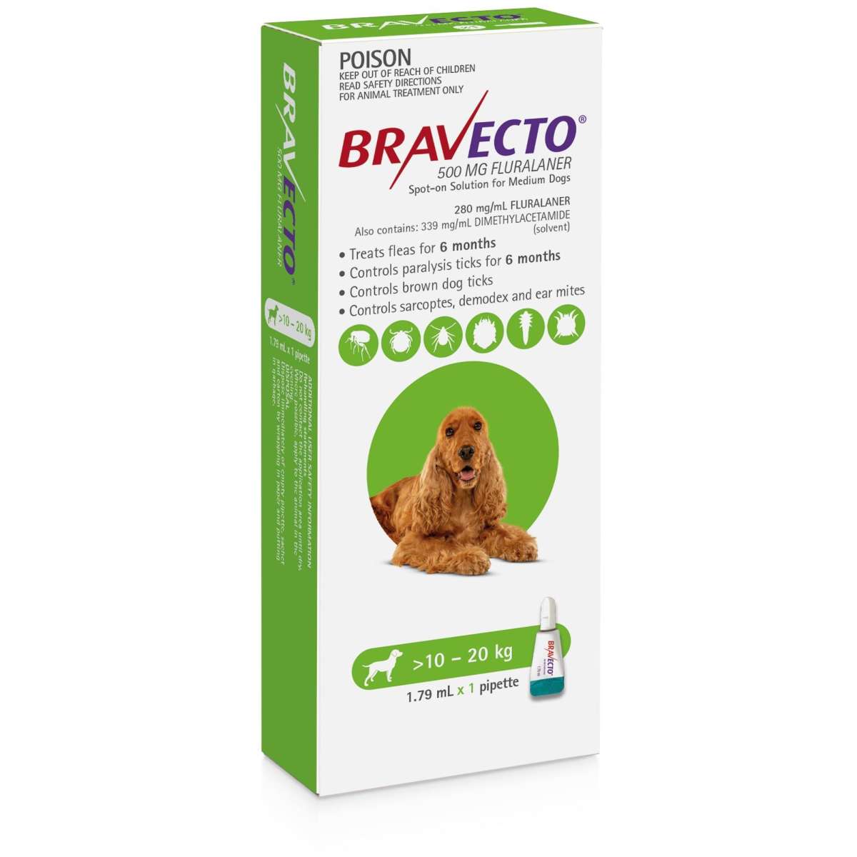 Bravecto Spot-on for Medium Dogs (Green) 10-20kg 1 pipette | Woolworths