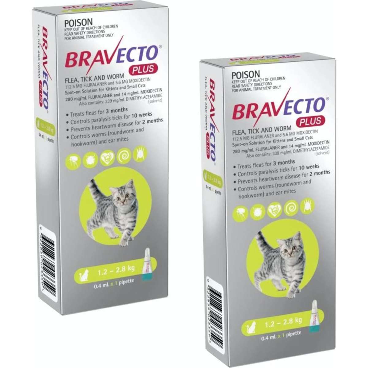 Bravecto Plus for Small Cats (Green) 1.2-2.8kg 2x1 pipette | Woolworths