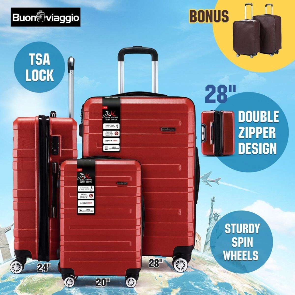Buon Viaggio 3 Piece Luggage Set Travel Suitcases Hard Carry On Trolley ...
