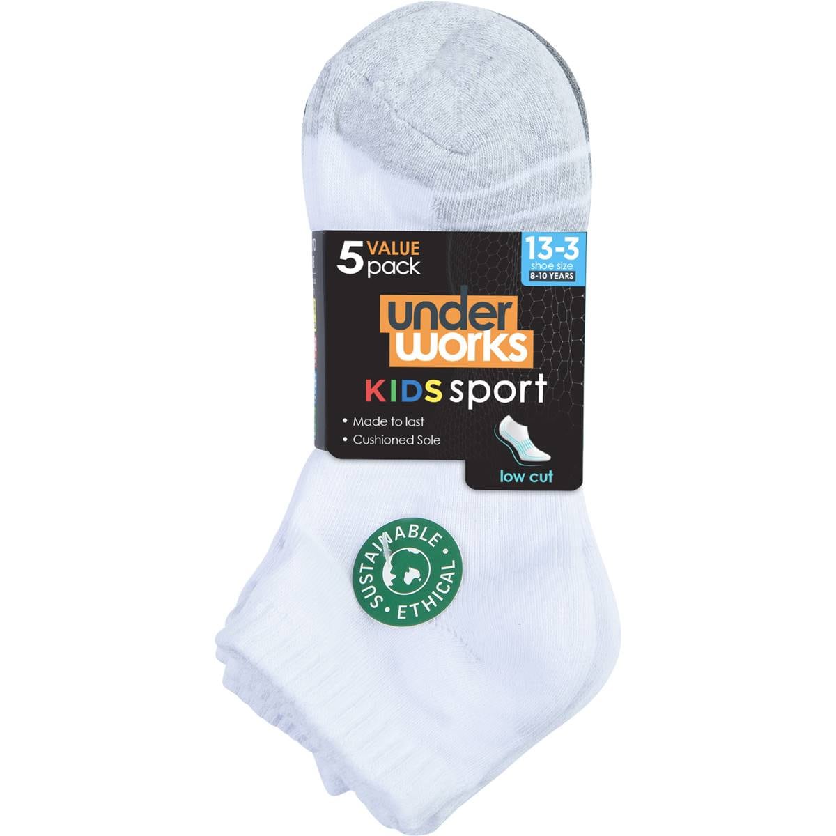 Underworks Kids Low Cut Socks White Size 13-3 5 Pack | Woolworths
