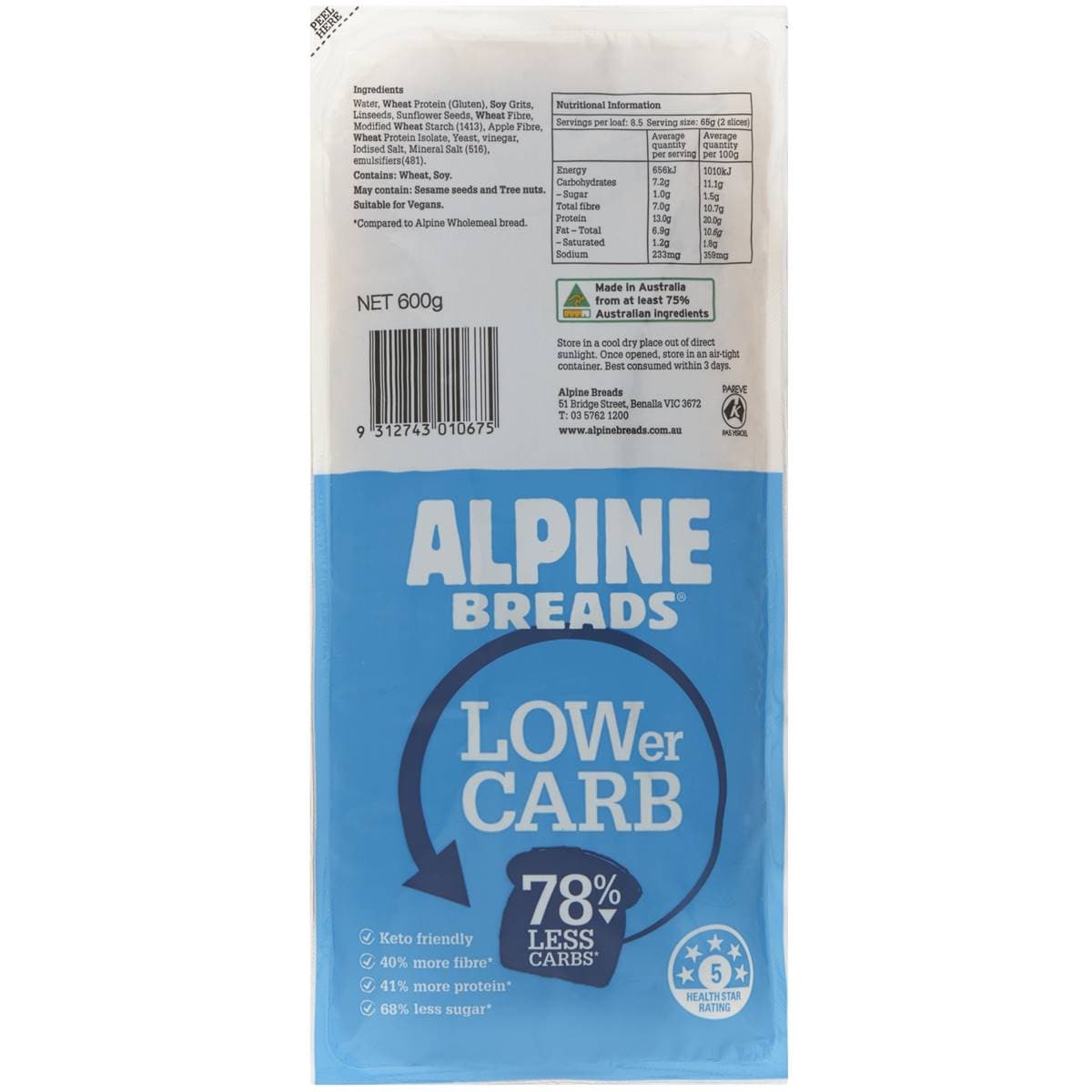 Alpine Breads Lower Carb Bread 600g | Woolworths
