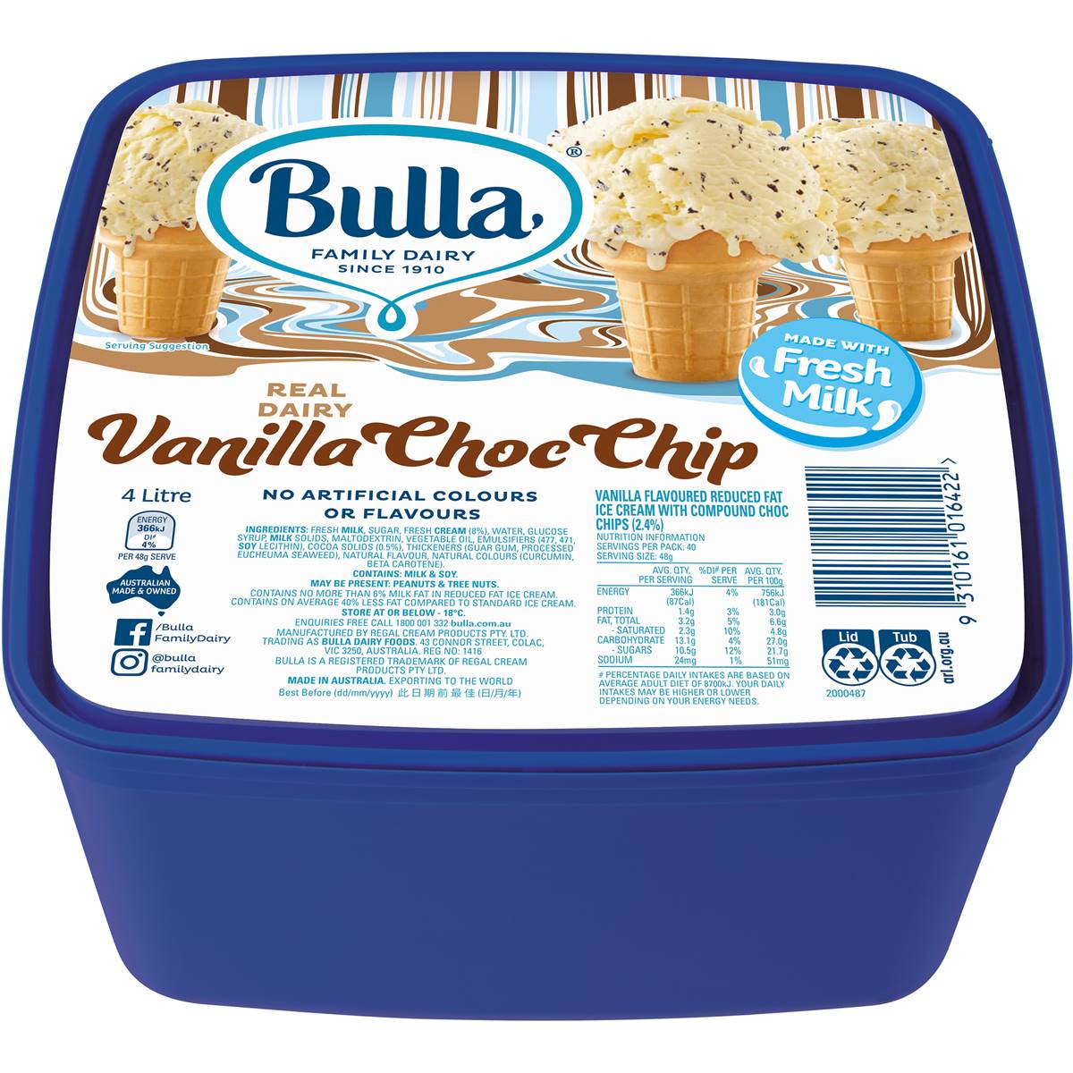 Bulla Real Dairy Vanilla Choc Chip Tub 4l | Woolworths