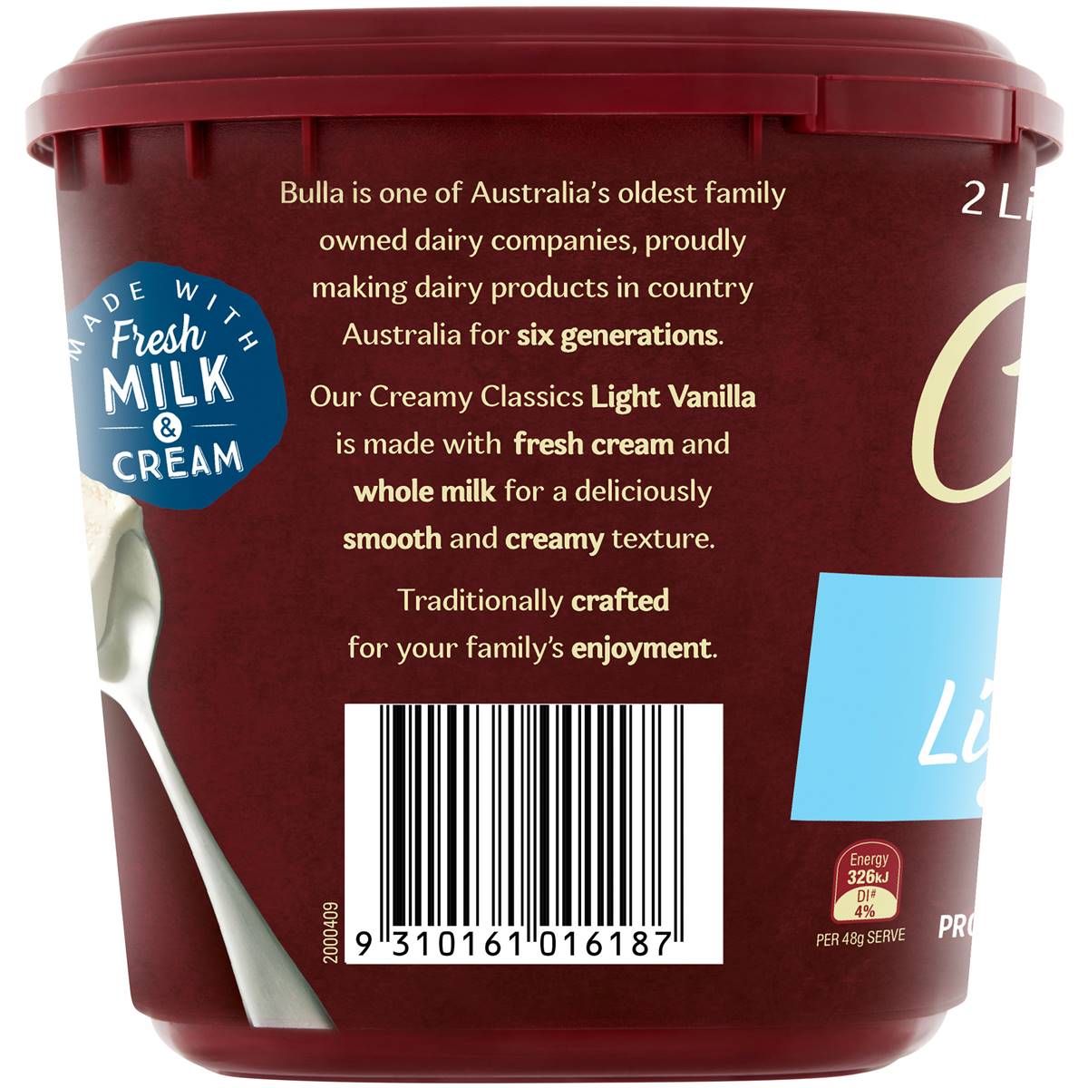 Bulla Creamy Classics Light Vanilla Tub 2l | Woolworths
